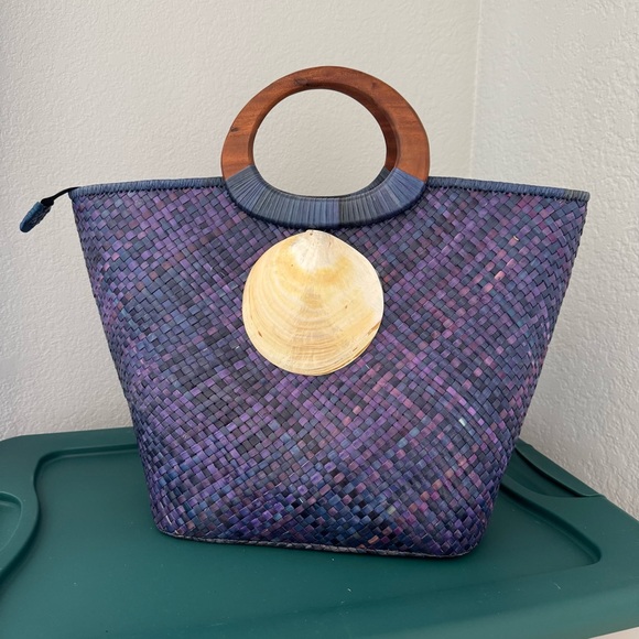 Bags | Pandan Tote With Teak Handles And Giant Shell | Poshmark